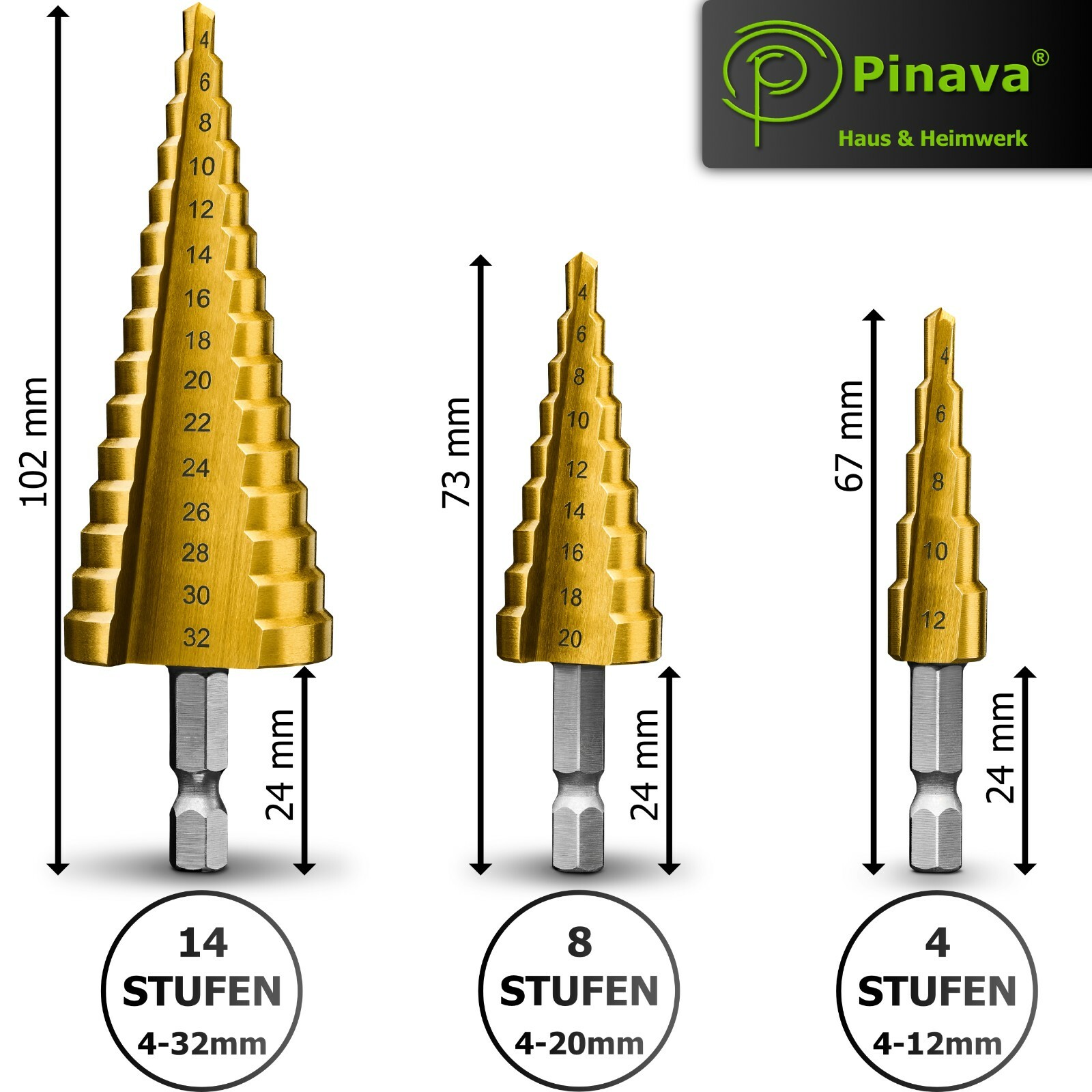 Pinava® Stufenbohrer 3er Set, Schälbohrer HSS Konusbohrer Kegelbohrer ...