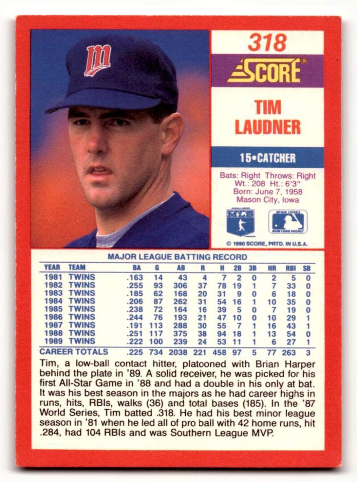 1990 Score #318 Tim Laudner Minnesota Twins Baseball Cards EX/NM ID ...