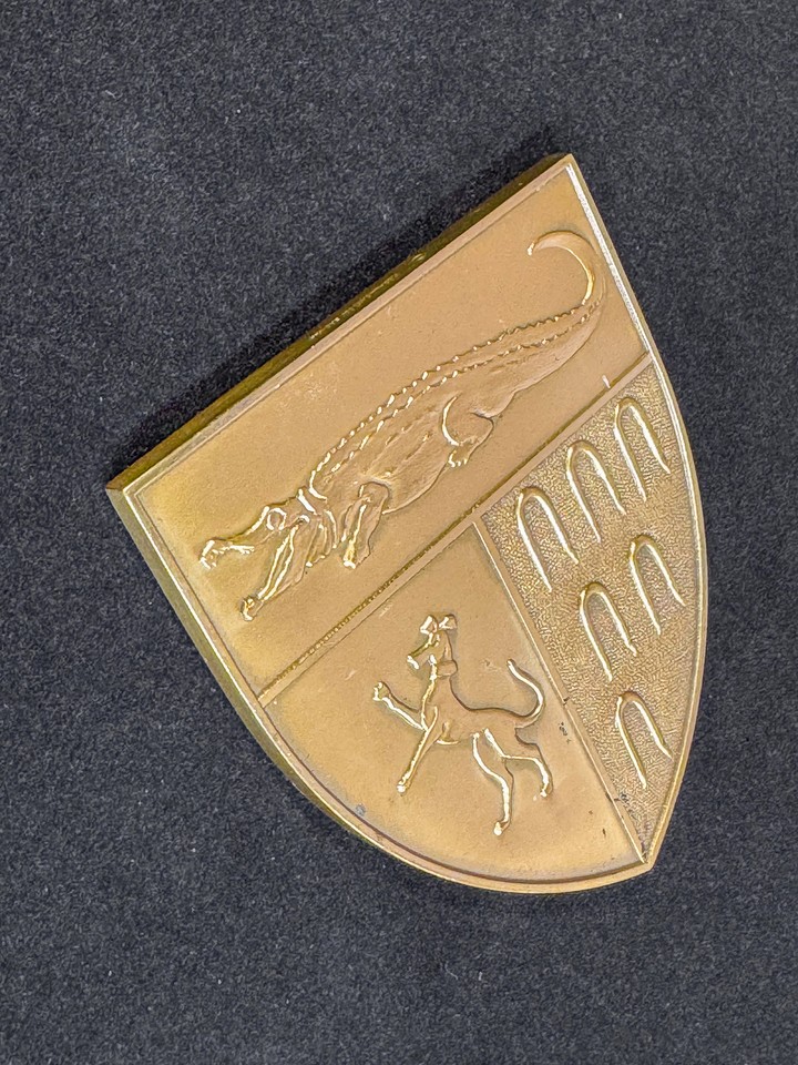 Bronze Heraldic Shield Plaque Alligator Dog Rampant Horseshoes Medallic ...