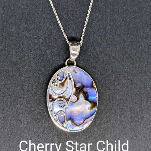 Sterling silver purple blue paua shell oval pendant on 925 chain ...