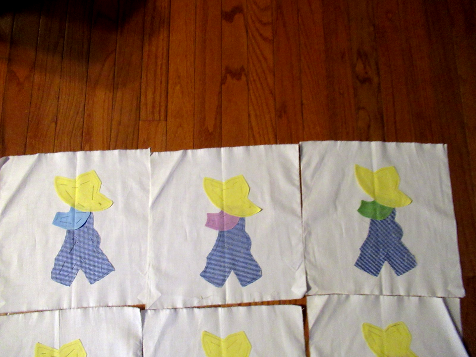 12 VTG HAND APPLIQUED FARM BOY COTTON QUILT BLOCKS TO EMBROIDER +12 ...