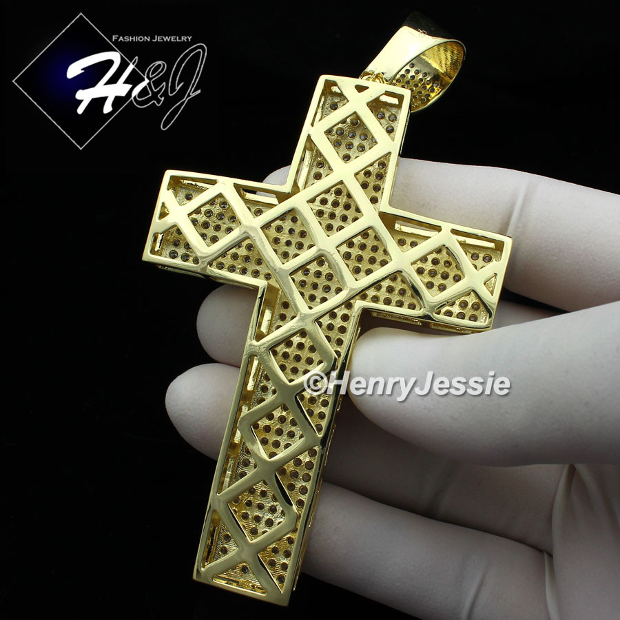 14K GOLD PLATED BLING CUBIC ZIRCONIA GOLD/SILVER OVERSIZE 3D CROSS ...