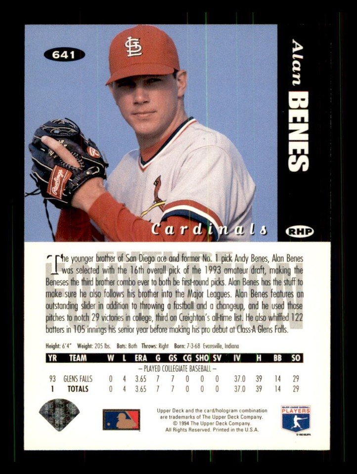 1994 Baseball Upper Deck CC Alan Benes St. Louis Cardinals #641 FF | eBay