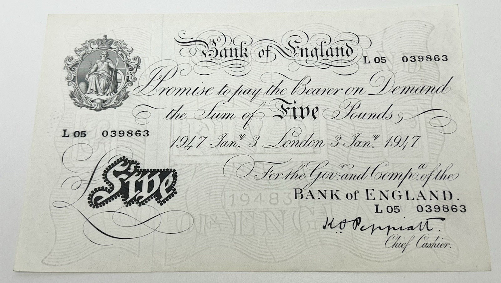 1947 Bank of England white £5 Five Pounds banknote Signed By Kenneth ...