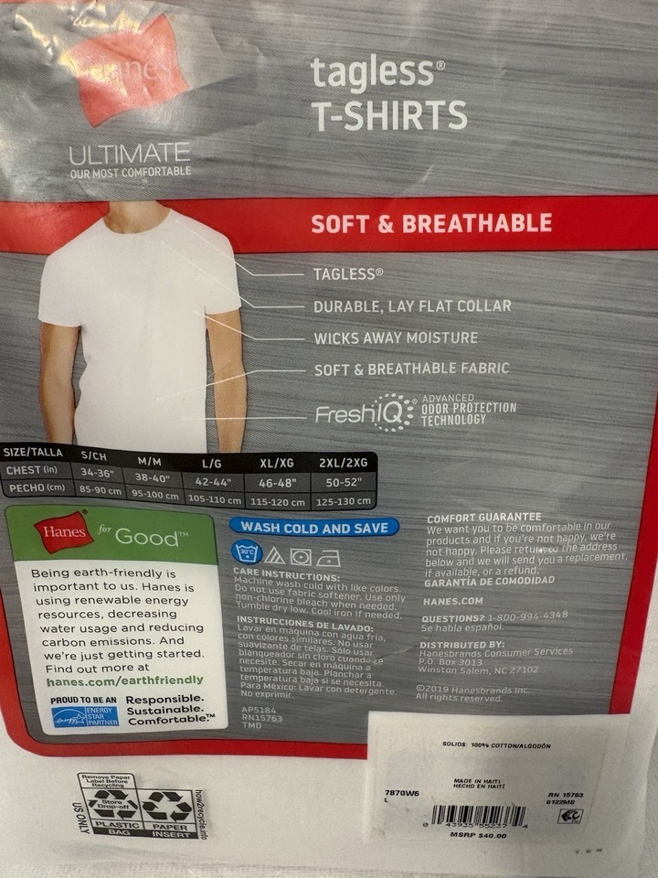 Hanes Men L 42-44 Soft White Tagless Ringspun Cotton T-Shirts Lay Flat ...