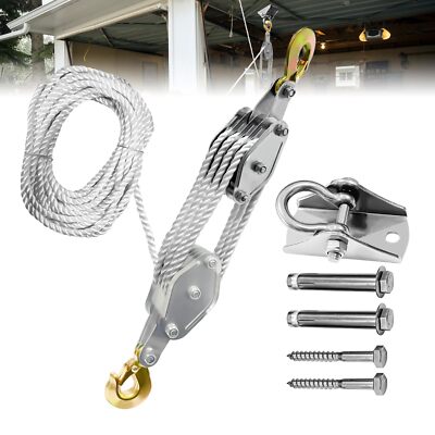 Rope Hoist Pulley System, 4400LB Block and Tackle Pulley System, 8:1 ...