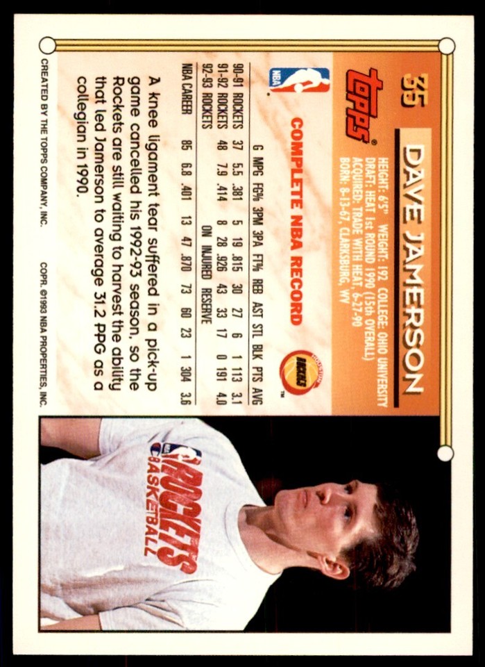 1993-94 Topps Dave Jamerson . Houston Rockets #35 | eBay