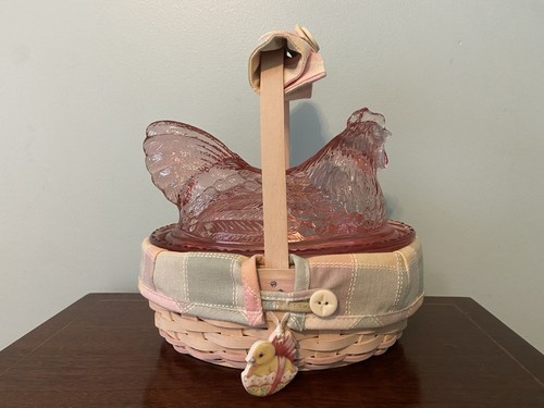 Longaberger 2001 Whitewashed Pink Glass Nesting Hen Chicken Basket Set ...
