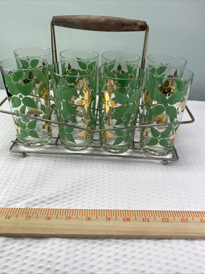 8 Vintage Hazel Atlas Green And Gold Drinking Glasses With Carrying ...