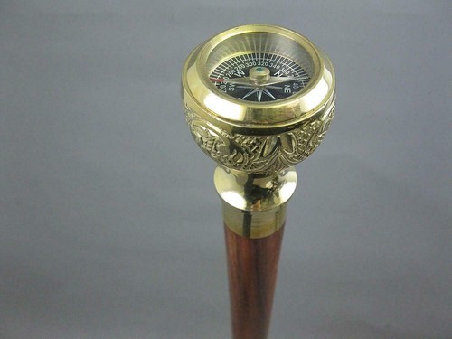 Nautical Solid Brass Pole Compass Handle With Hiking Wooden Walking ...
