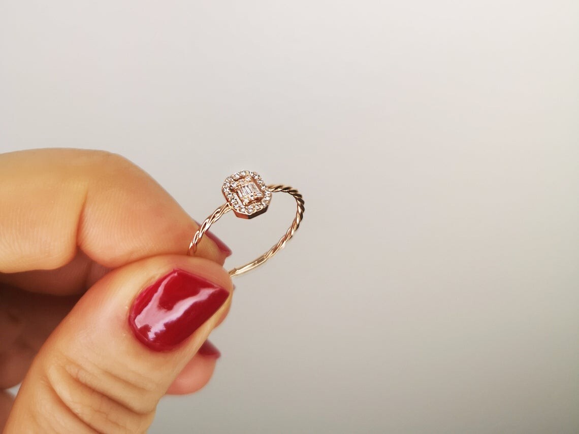 0.11 Ct Diamond Rectangular Promise Engagement Ring For Girls 14ct ...