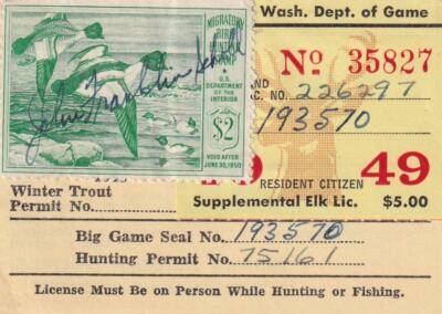1949, WA State Hunting/Fishing License W/Federal Duck Stamp, See Remark ...