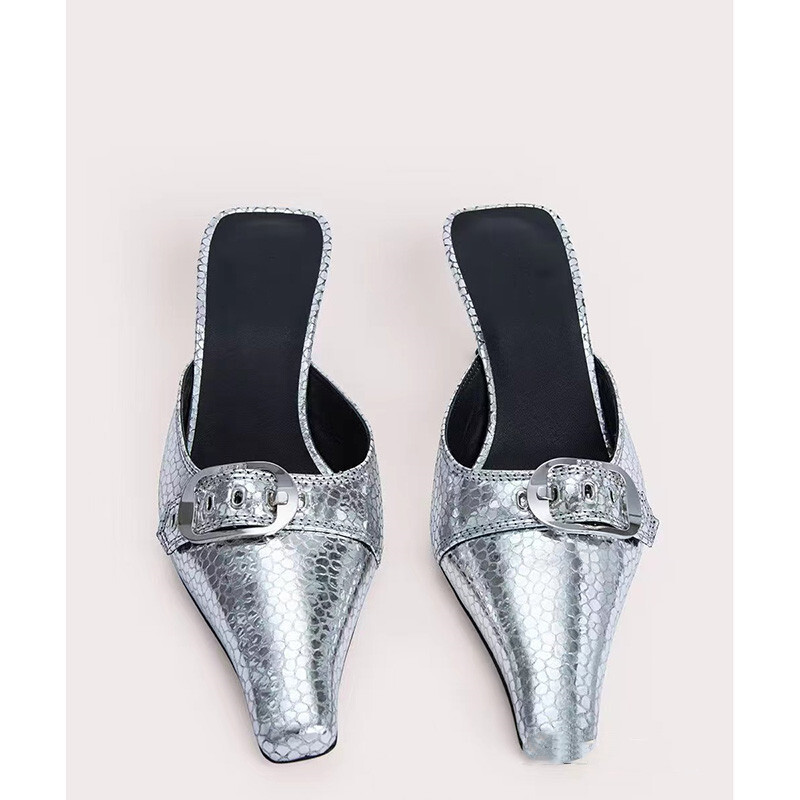Womens Leather Slipper Mules Kitten Heel Silver Shiny Catwalk Show ...