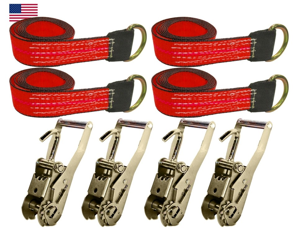 Red Wheel Lift Lasso Straps Ratchet J Finger Hook Tie Down Trailer - 4 ...