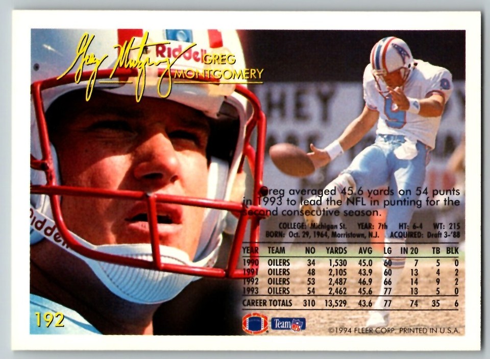 1994 FLEER GREG MONTGOMERY HOUSTON OILERS #192 | eBay