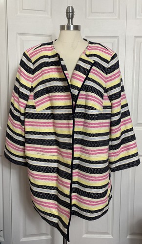 NWT Talbots Size 22W Striped Woven Open Jacket Pink Black Yellow Lined ...