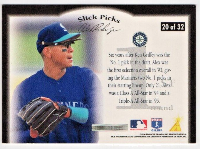 1996 Pinnacle Aficionado Slick Picks Alex Rodriguez Mariners #20 B-134 ...