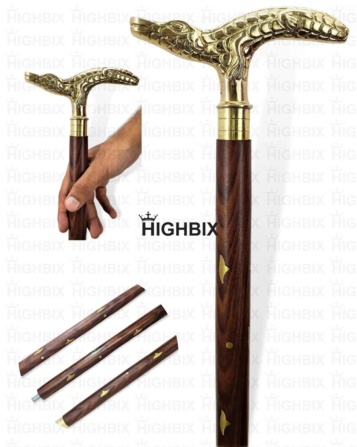 Antique Brass Snake Head Handle Wooden Walking 3 Fold… - Gem