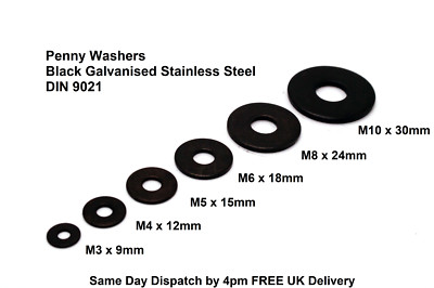 Penny Washers Stainless Steel BLACK M3-M10 Large Mudguard DIN9021 Pack ...