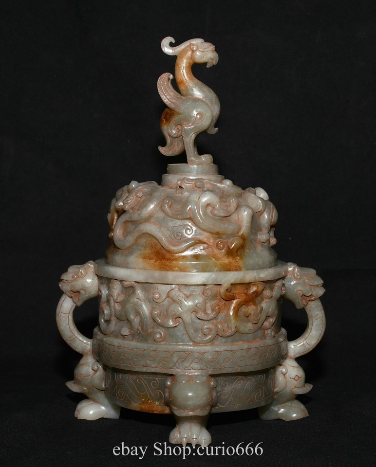 Old Dynasty Natural Hetian Jade Carved Dragon Loong Beast Phoenix Bird ...