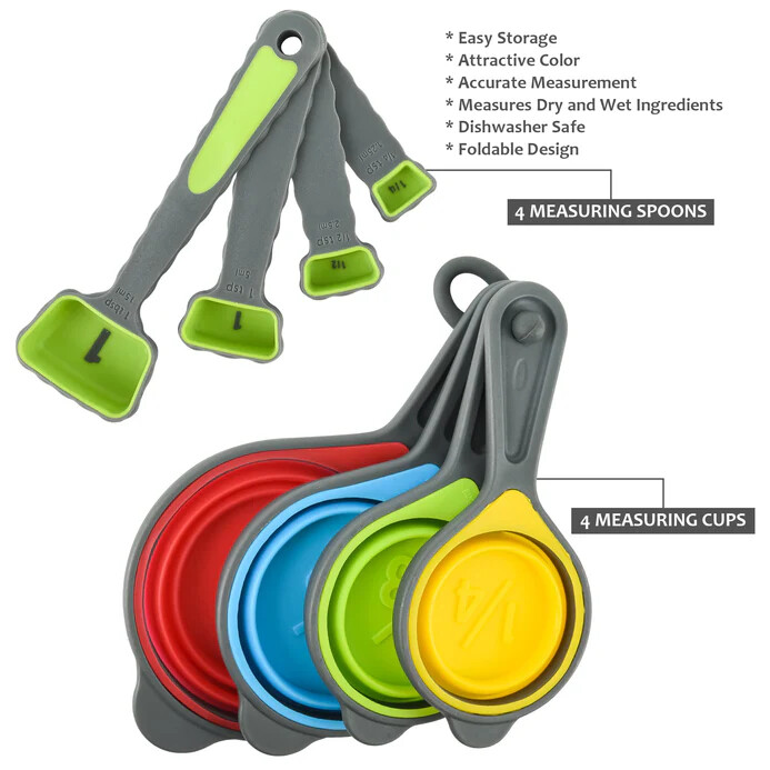 NEW Silicone Collapsible Measuring Cups & Measuring Spoons Baking Safe - 8 Piece | eBay