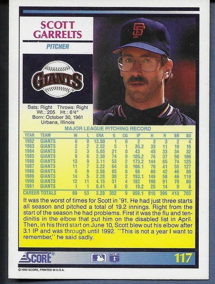 1992 Score Baseball #117 Scott Garrelts | eBay