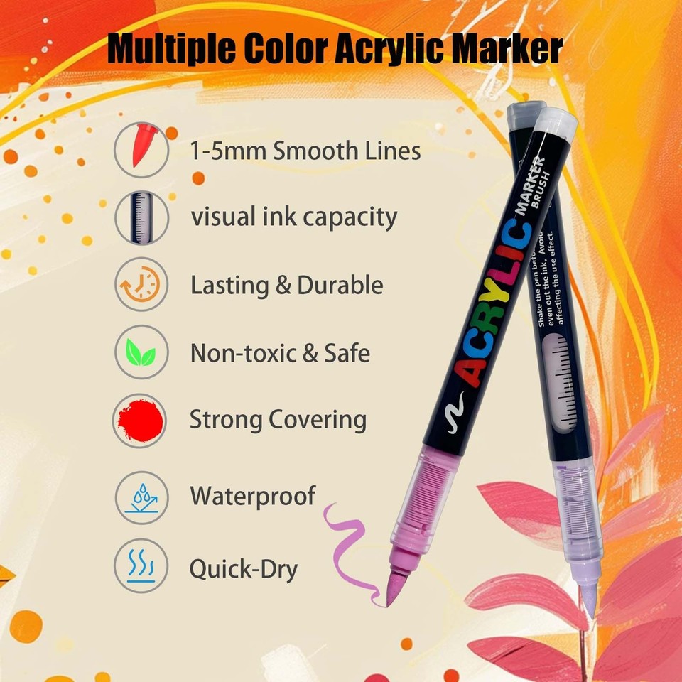 120 Colors Acrylic Paint Markers Set, Soft Brush Tip Pens for Rock ...