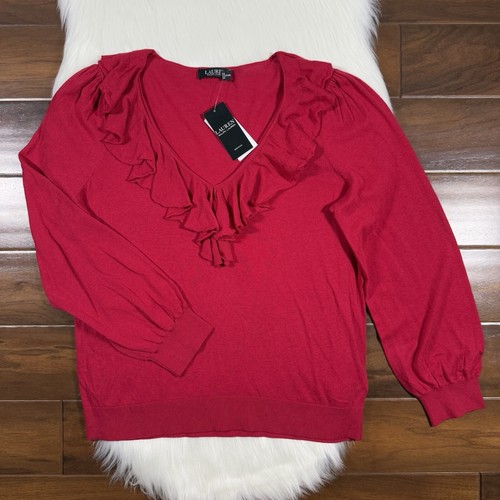 Lauren Ralph Lauren Women's Size 2X Red Ruffled V Neck Sweater Top | eBay