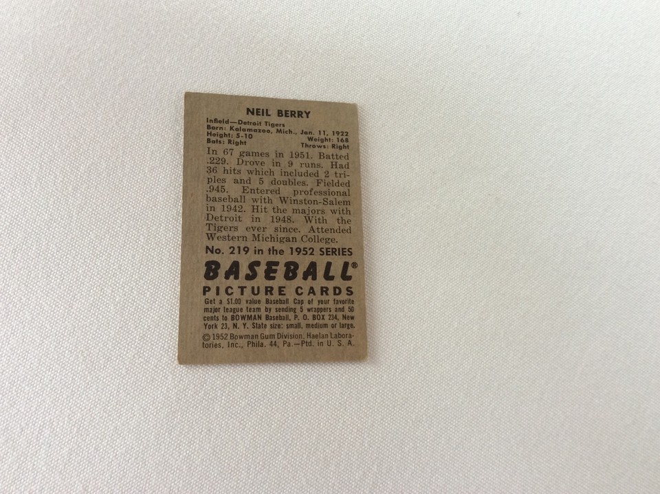 1952 Bowman #219 Neil Berry Baseball Card/ A True Beauty! | eBay