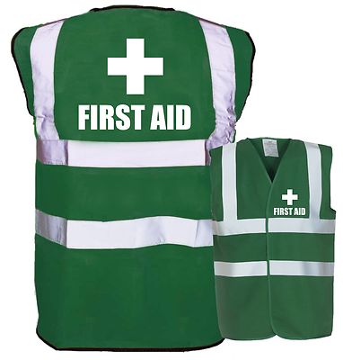 FIRST AID PRINTED GREEN ENHANCED SAFETY VEST HIGH VIS WAISTCOAT HI VIZ ...