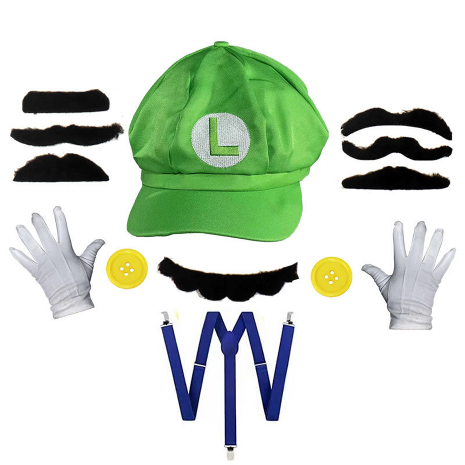 Super-Mario Luigi Bros Hat Mustache Glove Suspender Set Costume Cosplay ...