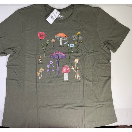 Doe Womens Olive Green Mushroom Floral Graphic Print T-Shirt 1X Plus ...