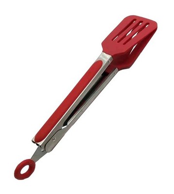 9" Stainless Steel Slotted Tongs with hangign ring and lock. Dark Pink ...