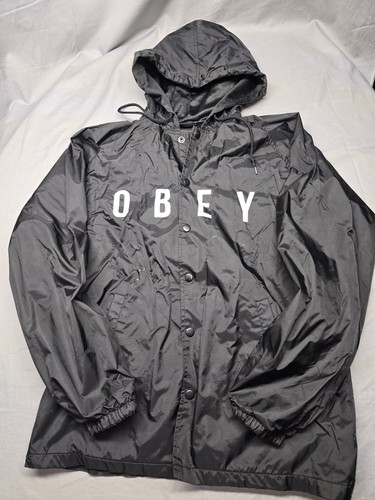 Obey Jacket Mens Medium Black Hooded Nylon Coach Windbreaker Spell Out ...