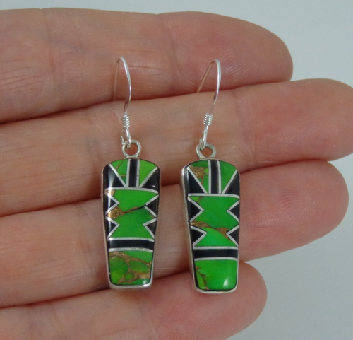 Sterling Silver Mojave Green Copper Turquoise Black Shell Inlay Dangle ...