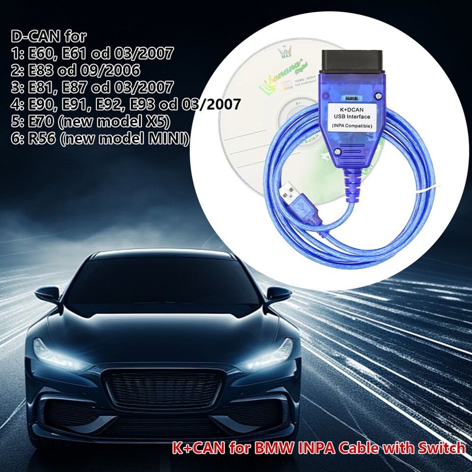 For BMW Inpa K+Dcan OBD2 Cable FTDI FT232RL Chip With Switch UK Stock ...