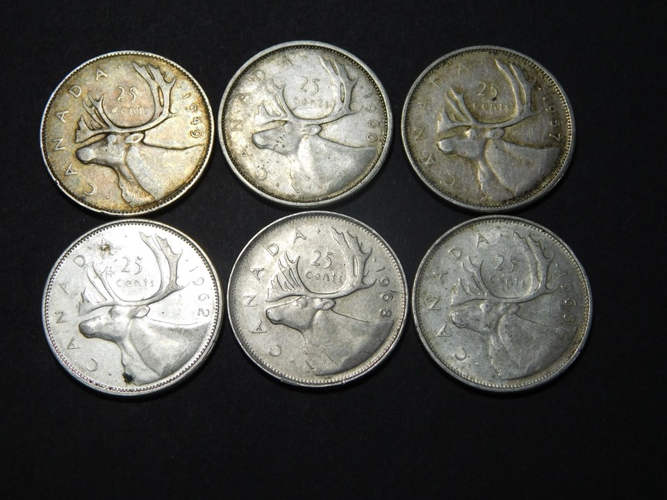 VINTAGE 6 CANADA 1949 57 60 62 68 CANADIAN SILVER QUARTERS 25 CENTS ...