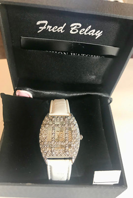 Fred Belay women's Watch Silver Tone Unique Case White Dial Brown ...
