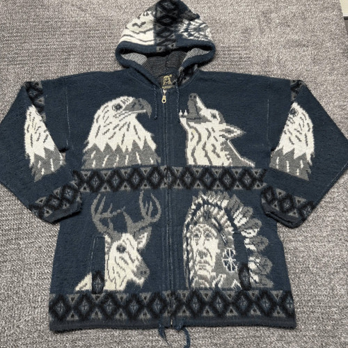 Ruminahui Mens Full Zip Hoodie Sweater Jacket Blue Wool Native American ...