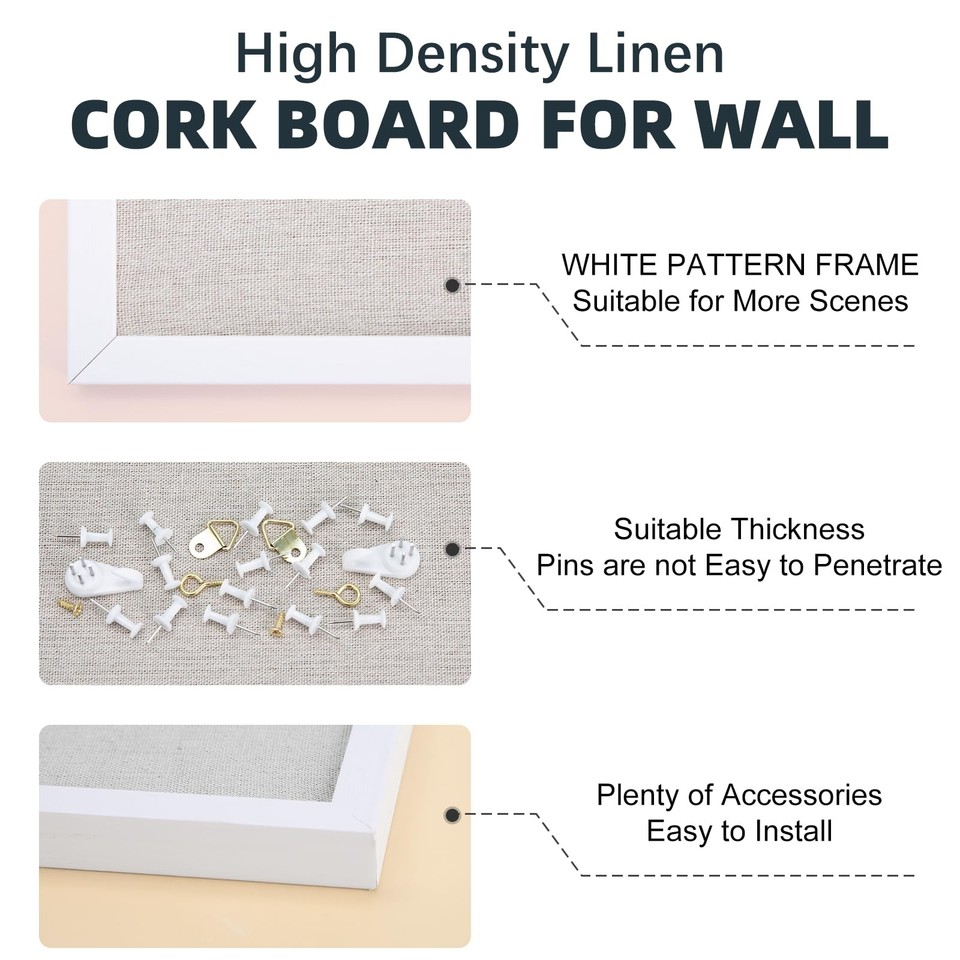 24'' x 36'' Linen Bulletin Board, White Framed Corkboard, White Oak ...