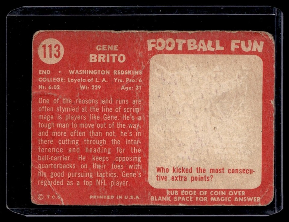 1958 Topps Gene Brito Washington Redskins #113 | eBay