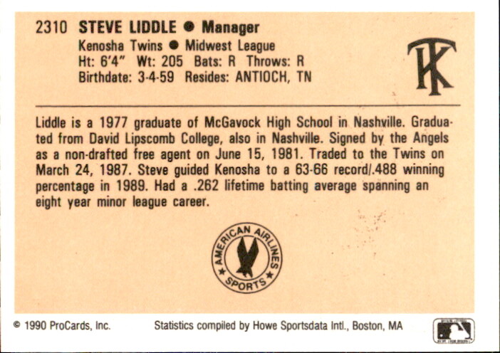 1990 Kenosha Twins ProCards #2310 Steve Liddle Antioch Tennessee ...