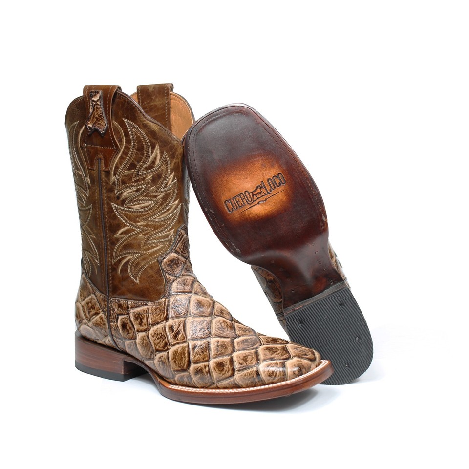 Men's Leather Cowboy Boots Pirarucu Print Faux Rodeo Square Toe Botas ...