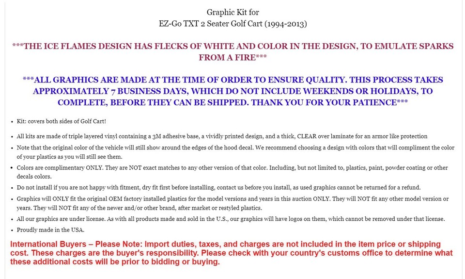 Golf Cart Hood ONLY Graphic Decal Sticker For EZ-Go TXT 1994-2013 ICE ...