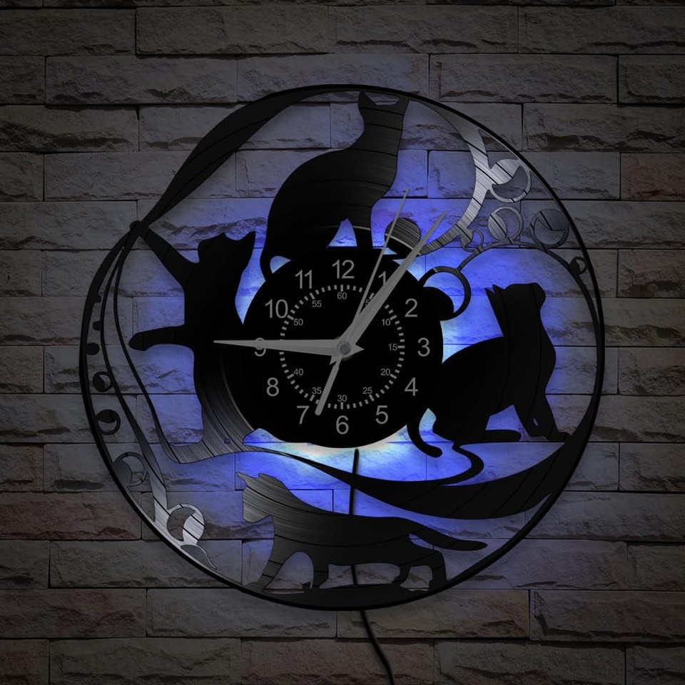 12 Inch Cat Clock 7 Color Changing, Lovely Cat Kittens Vinyl Record ...