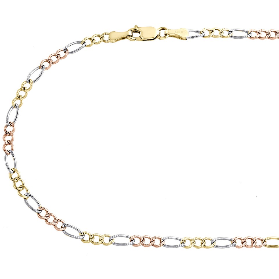14K Tri Color Gold Unisex 3mm Diamond Cut Solid Figaro Link 18 ...
