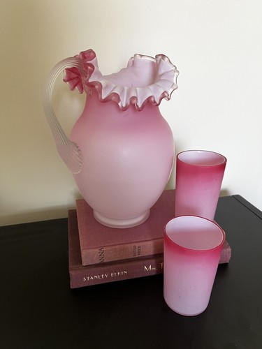 Antique Pink Blown Glass Pitcher And 2 Cups | eBay