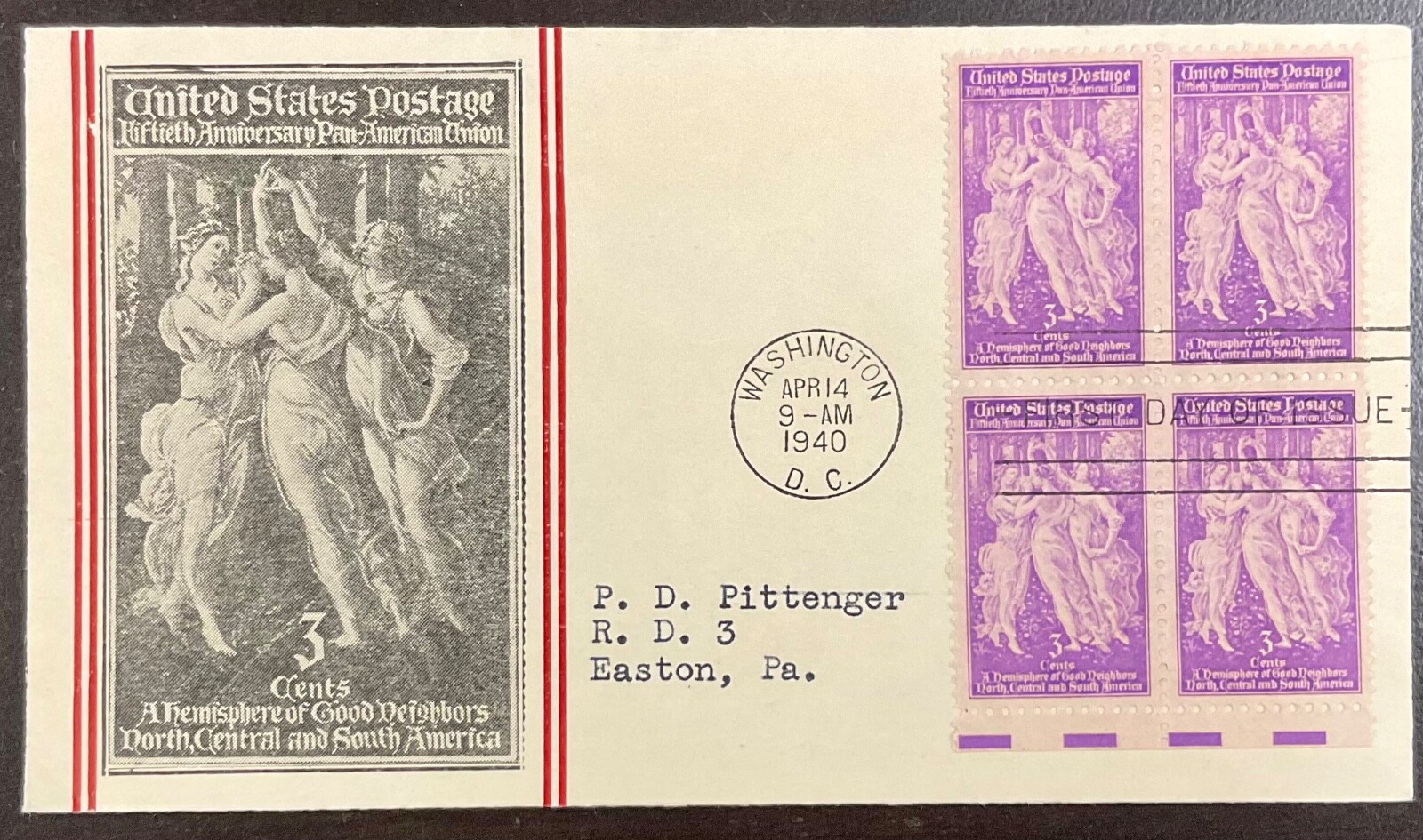 895 Fidelity Stamp Pan American Union 50th Anniversary FDC 1940 w/Block ...