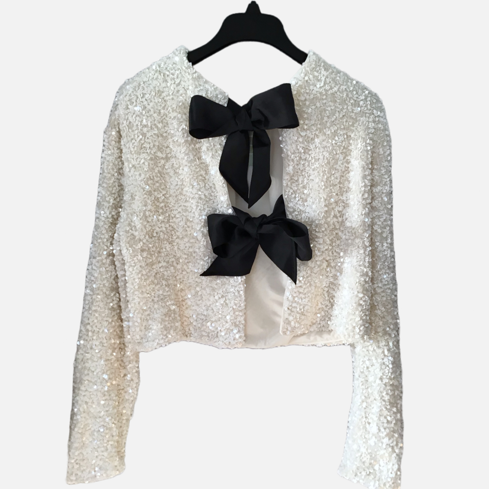 NWT H&M Tie-front Bow Sequin Ribbon Jacket Holidays White/Black XS S M ...