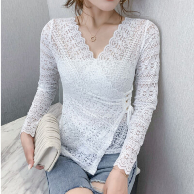 Women Lace Mesh Shirt Tops Blouse Irregular Casual Long Sleeve Slim V ...